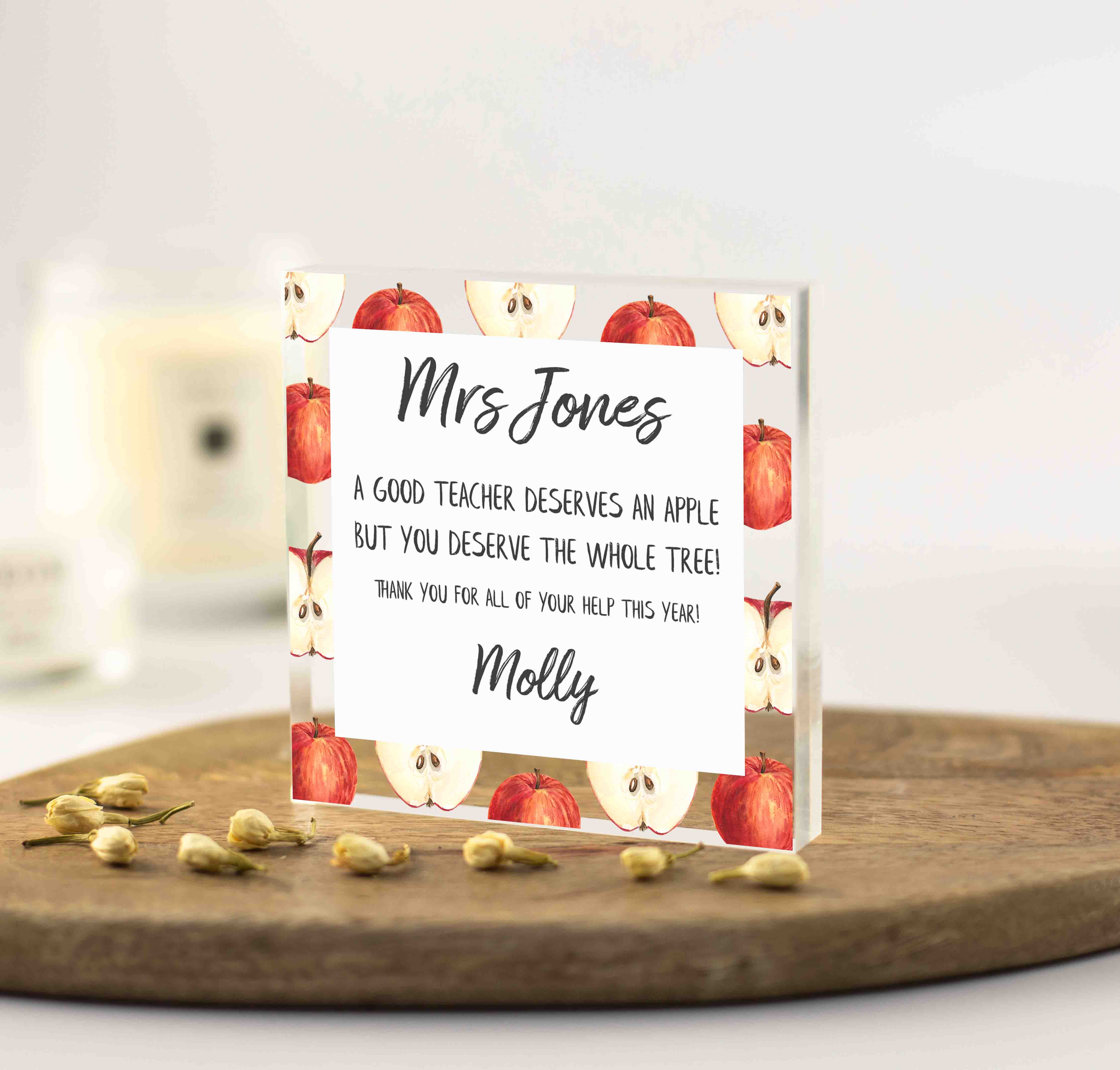 Thank you Teacher Apple Design Acrylic Block – PersonalisedBee