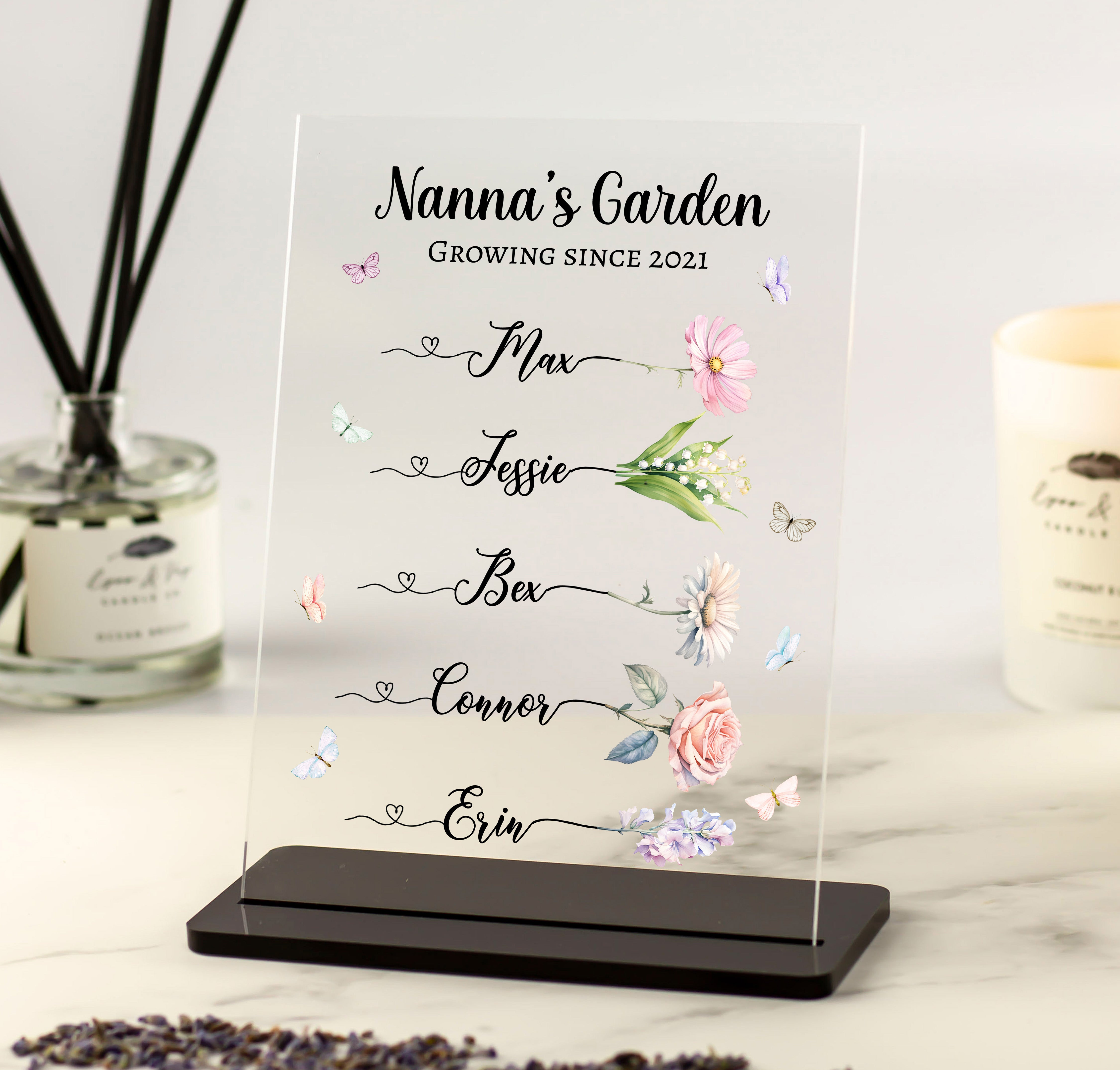 Personalised Birth Flower Watercolour Acrylic Plaque v2 - Grandma's Ga ...