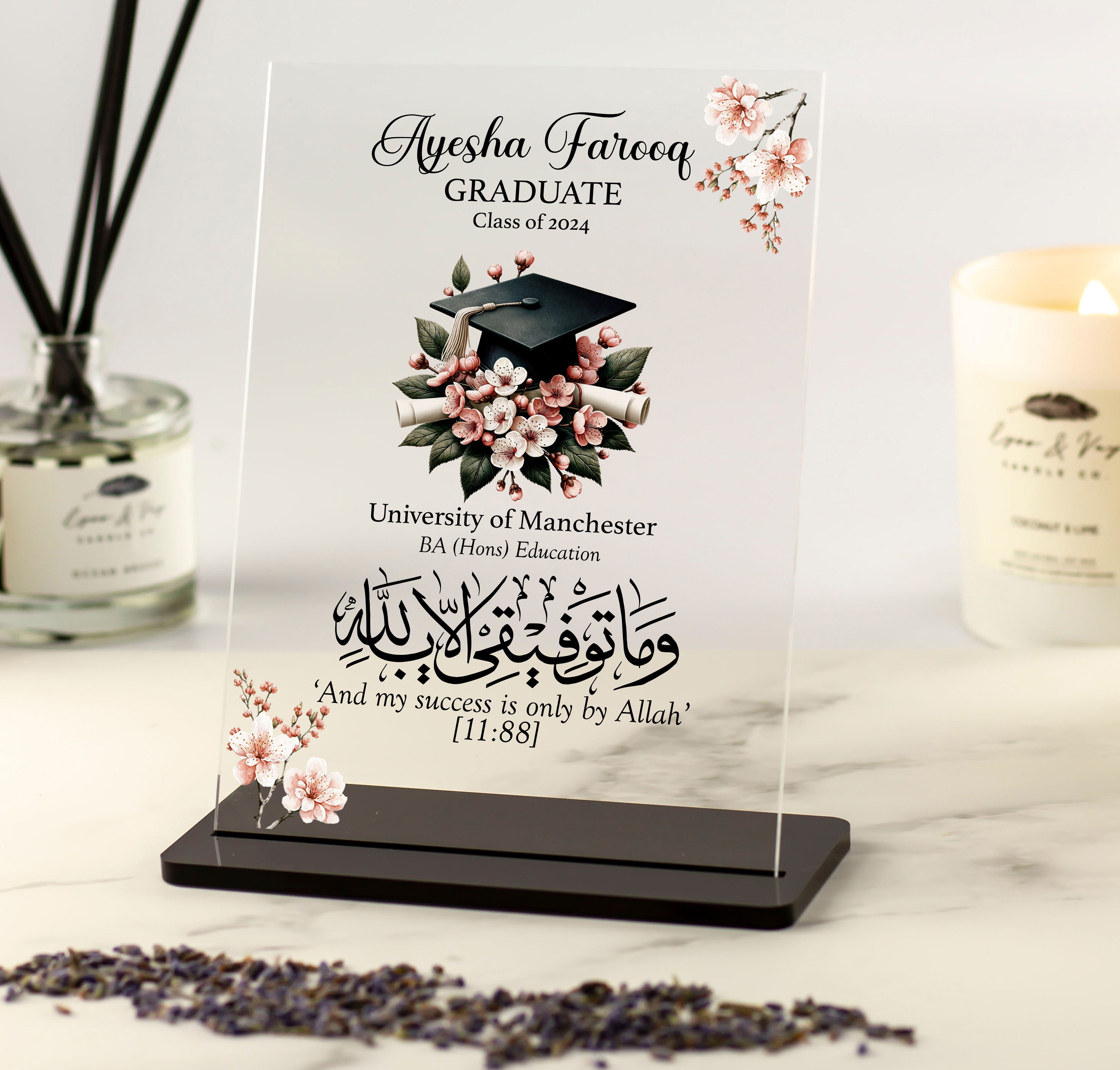 Graduation Cap & Scroll Wording Floral Design - Personalised Acrylic P ...