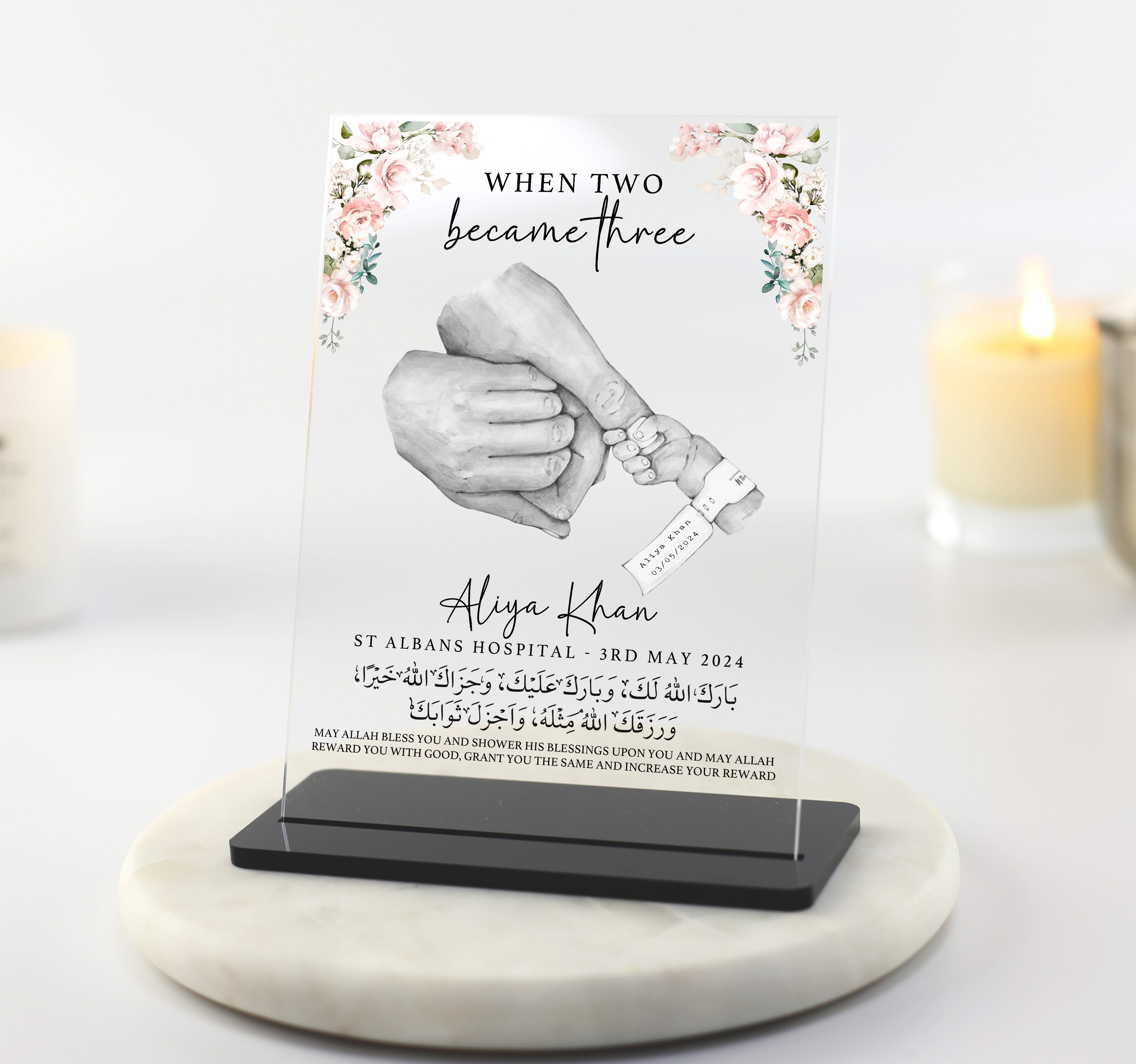 Muslim Baby Girl Gift with Arabic Dua - Couple and Baby Hands Print ...