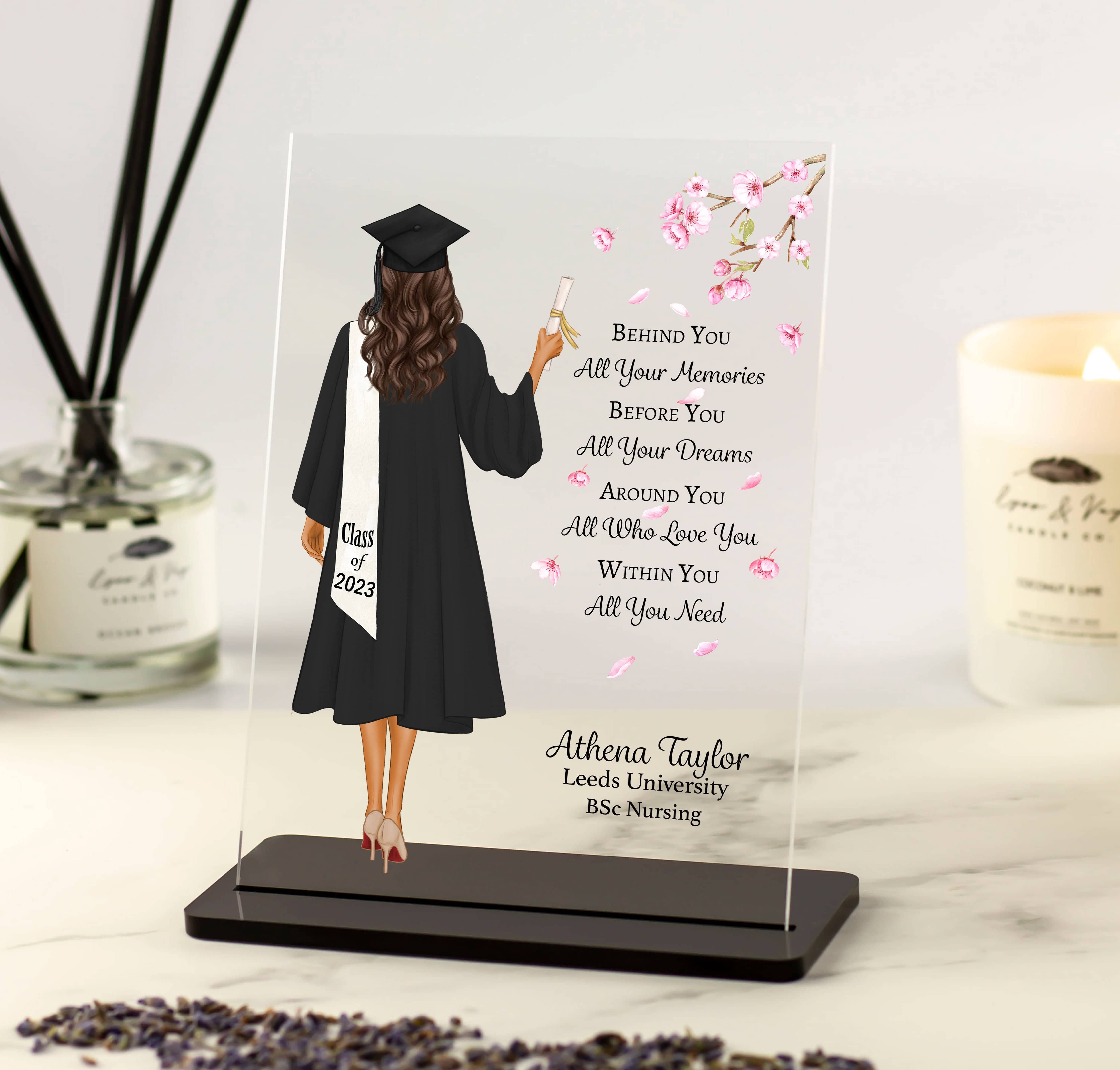 Personalised Graduation Gift for Her, Floral Acrylic Plaque with Stand ...