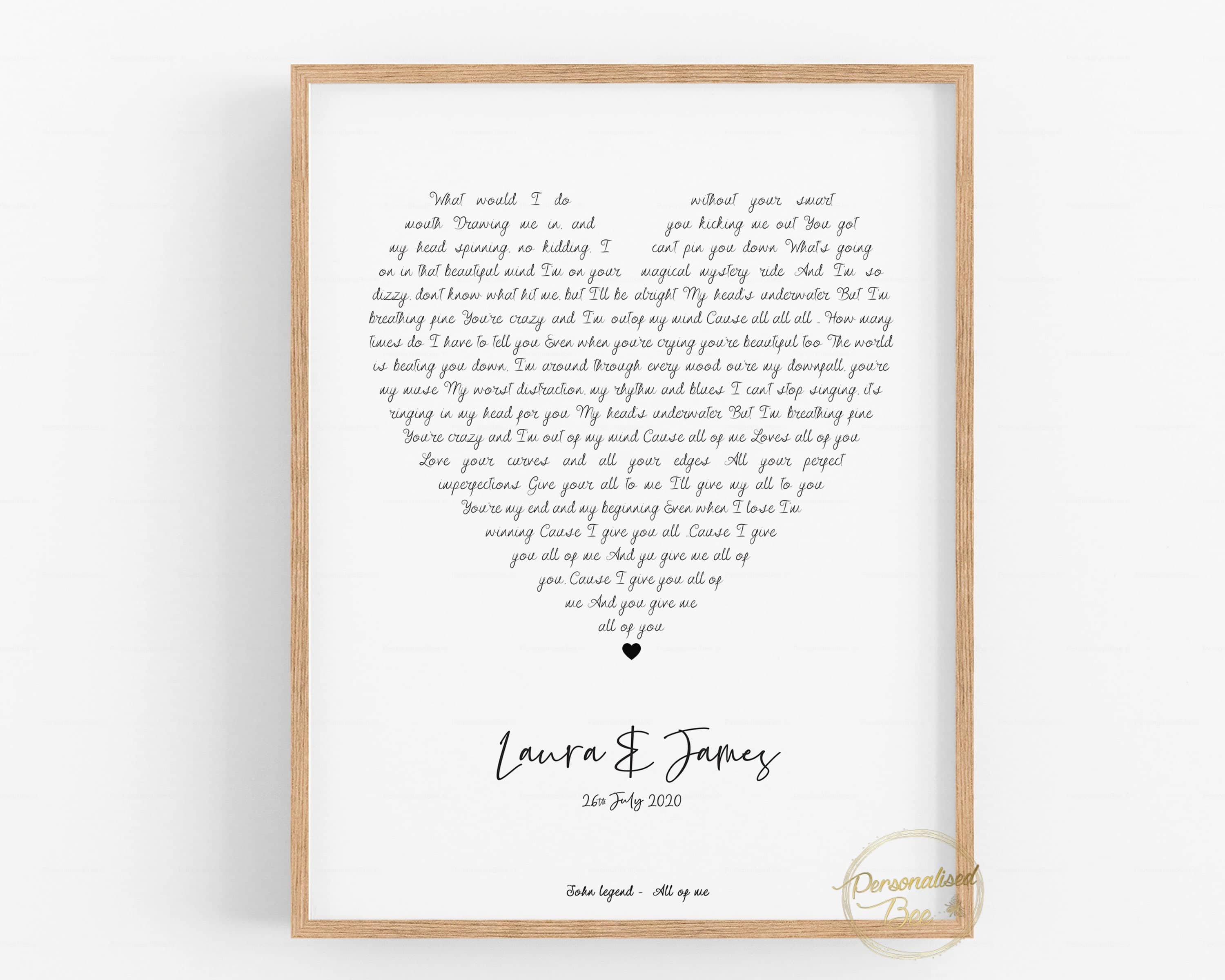 Heart Shaped Song Lyrics - Personalised Print – PersonalisedBee