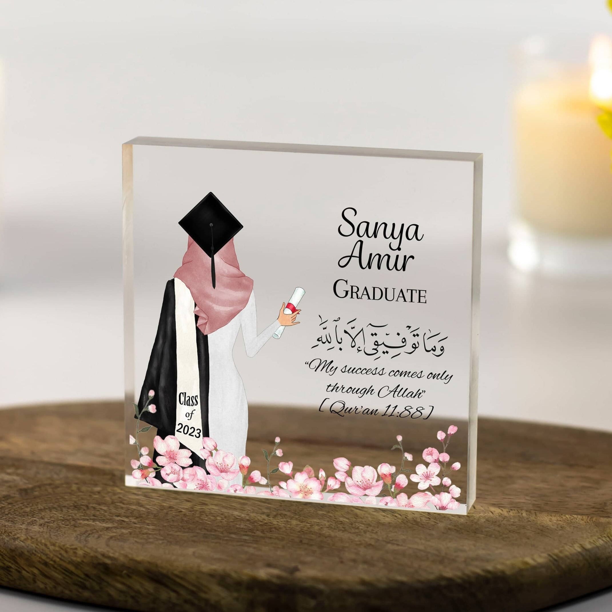 Muslim Personalised Graduation Gift, Floral Acrylic Block - Islamic Qu ...