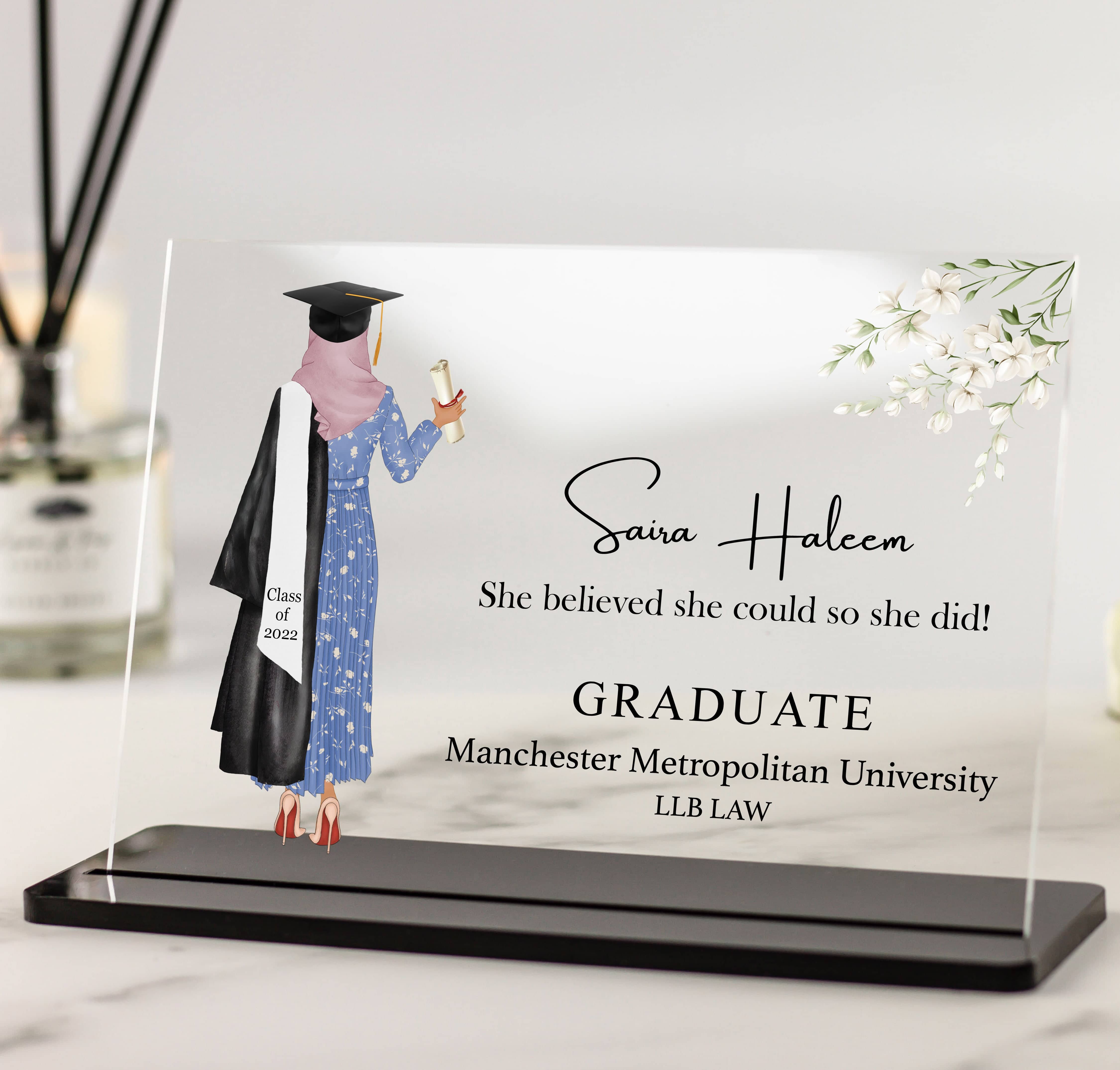 Floral Muslim Graduation Plaque for Her - Personalised Acrylic Plaque ...